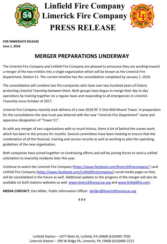 Press Release Regarding Upcoming Merger - Limerick Fire Department